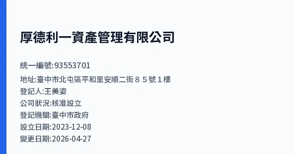 厚德利一資產管理有限公司的照片-統編 93553701(臺中市) 公司登記資料與營業項目詳細圖表