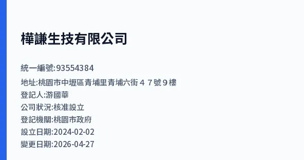 樺謙生技有限公司的照片-統編 93554384(桃園市) 公司登記資料與營業項目詳細圖表