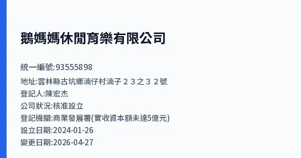 鵝媽媽休閒育樂有限公司的照片-統編 93555898(雲林縣) 公司登記資料與營業項目詳細圖表