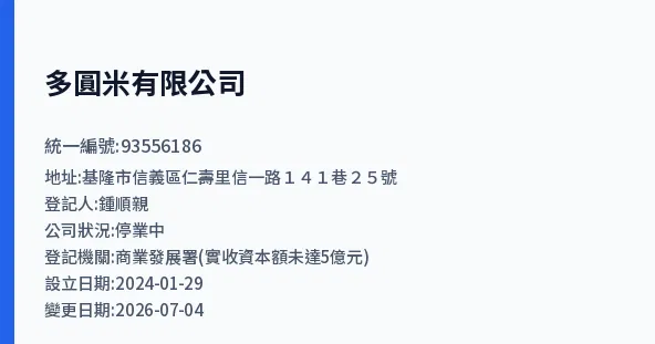 多圓米有限公司的照片-統編 93556186(基隆市) 公司登記資料與營業項目詳細圖表