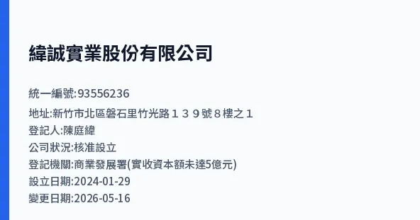 緯誠實業股份有限公司的照片-統編 93556236(新竹市) 公司登記資料與營業項目詳細圖表