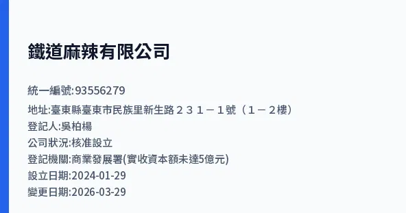 鐵道麻辣有限公司的照片-統編 93556279(臺東縣) 公司登記資料與營業項目詳細圖表
