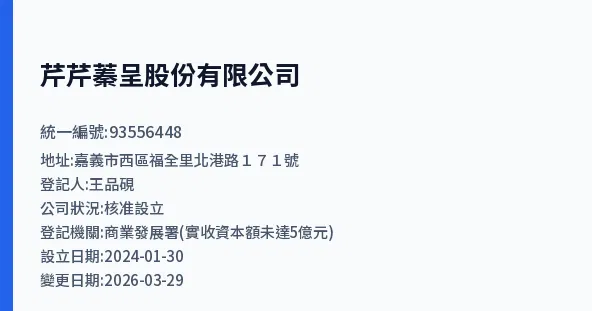 芹芹蓁呈股份有限公司的照片-統編 93556448(嘉義市) 公司登記資料與營業項目詳細圖表
