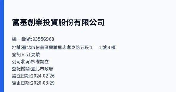 富基創業投資股份有限公司的照片-統編 93556968(臺北市) 公司登記資料與營業項目詳細圖表