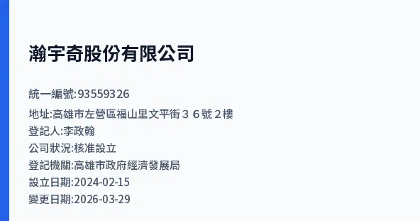 瀚宇奇股份有限公司的照片-統編 93559326(高雄市) 公司登記資料與營業項目詳細圖表