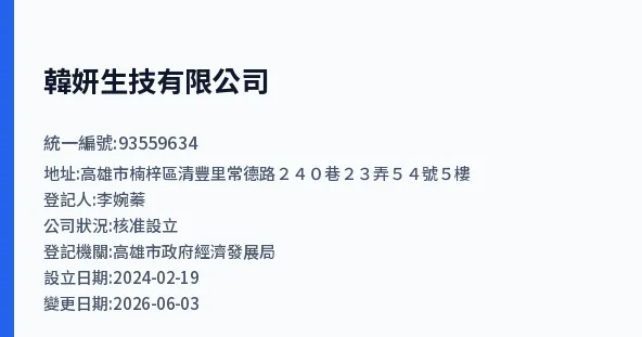韓妍生技有限公司的照片-統編 93559634(高雄市) 公司登記資料與營業項目詳細圖表