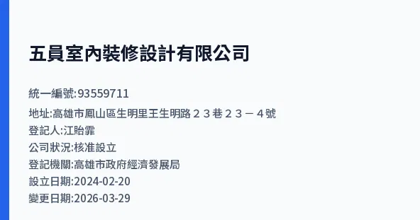 五員室內裝修設計有限公司的照片-統編 93559711(高雄市) 公司登記資料與營業項目詳細圖表