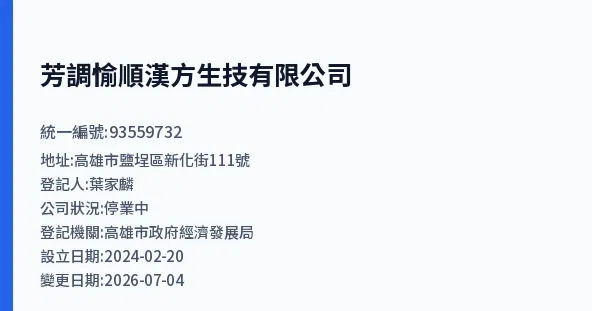 芳調愉順漢方生技有限公司的照片-統編 93559732(高雄市) 公司登記資料與營業項目詳細圖表