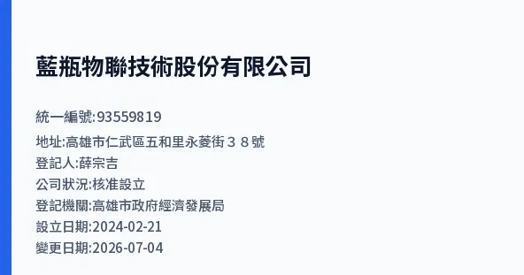 藍瓶物聯技術股份有限公司的照片-統編 93559819(高雄市) 公司登記資料與營業項目詳細圖表