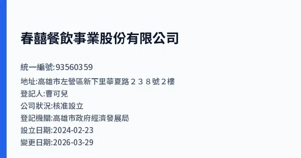 春囍餐飲事業股份有限公司的照片-統編 93560359(高雄市) 公司登記資料與營業項目詳細圖表