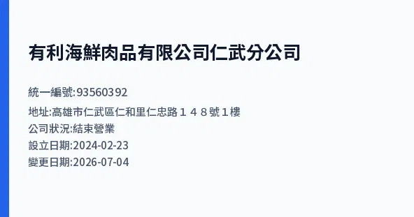 有利海鮮肉品有限公司仁武分公司的照片-統編 93560392(高雄市) 公司登記資料與營業項目詳細圖表