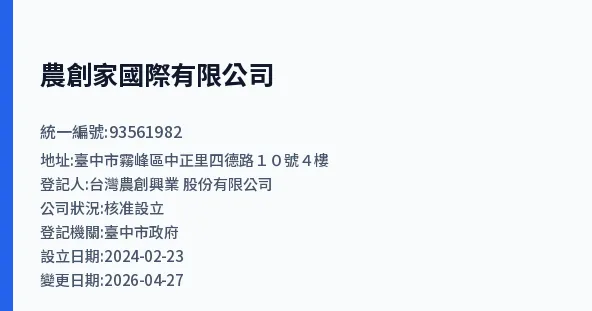 農創家國際有限公司的照片-統編 93561982(臺中市) 公司登記資料與營業項目詳細圖表