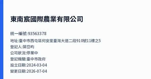 東南宸國際農業有限公司的照片-統編 93563378(臺中市) 公司登記資料與營業項目詳細圖表