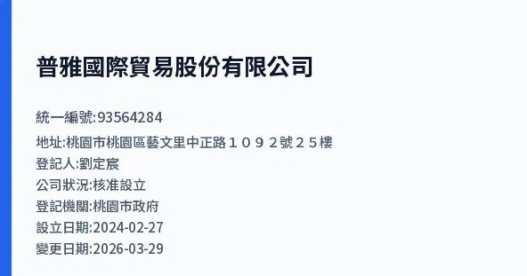 普雅國際貿易股份有限公司的照片-統編 93564284(桃園市) 公司登記資料與營業項目詳細圖表