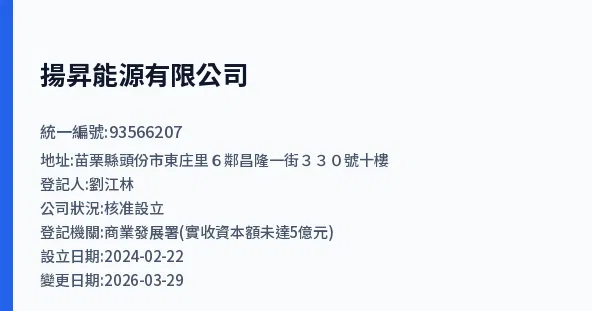 揚昇能源有限公司的照片-統編 93566207(苗栗縣) 公司登記資料與營業項目詳細圖表