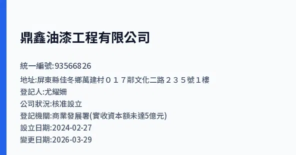 鼎鑫油漆工程有限公司的照片-統編 93566826(屏東縣) 公司登記資料與營業項目詳細圖表
