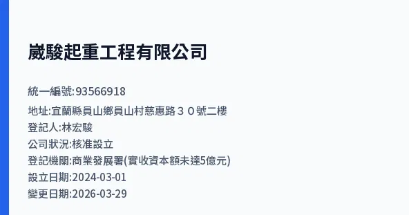 崴駿起重工程有限公司的照片-統編 93566918(宜蘭縣) 公司登記資料與營業項目詳細圖表