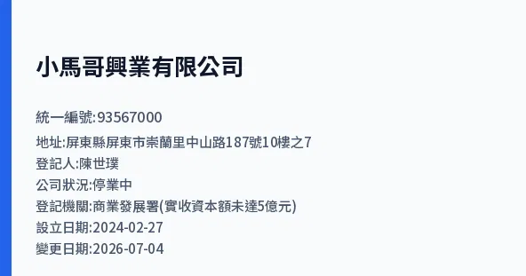小馬哥興業有限公司的照片-統編 93567000(屏東縣) 公司登記資料與營業項目詳細圖表