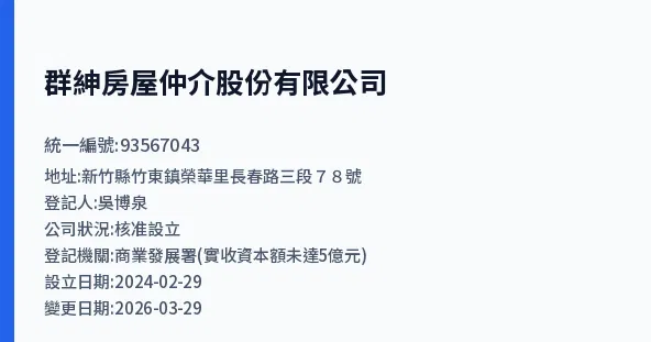 群紳房屋仲介股份有限公司的照片-統編 93567043(新竹縣) 公司登記資料與營業項目詳細圖表
