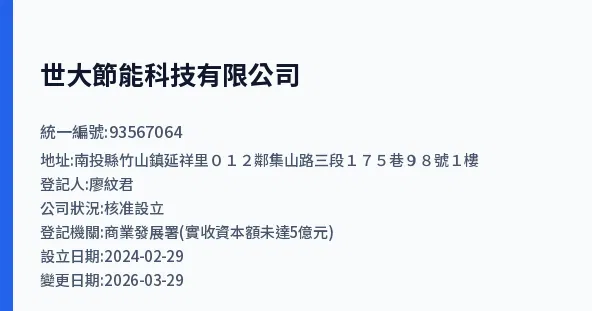 世大節能科技有限公司的照片-統編 93567064(南投縣) 公司登記資料與營業項目詳細圖表