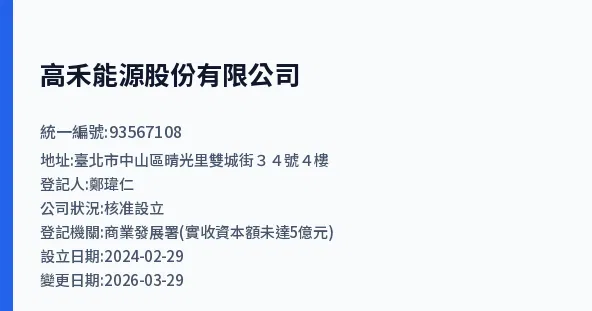 高禾能源股份有限公司的照片-統編 93567108(臺北市) 公司登記資料與營業項目詳細圖表