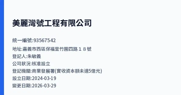 美麗灣號工程有限公司的照片-統編 93567542(嘉義市) 公司登記資料與營業項目詳細圖表