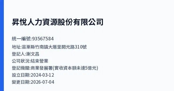 昇悅人力資源股份有限公司的照片-統編 93567584(苗栗縣) 公司登記資料與營業項目詳細圖表