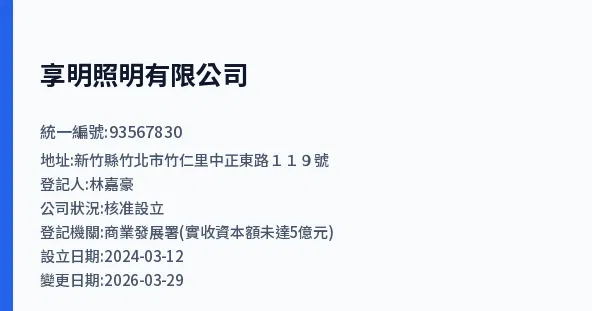 享明照明有限公司的照片-統編 93567830(新竹縣) 公司登記資料與營業項目詳細圖表
