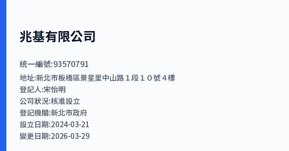 兆基有限公司的照片-統編 93570791(新北市) 公司登記資料與營業項目詳細圖表