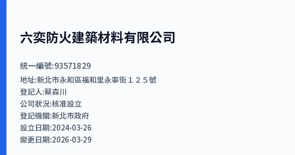 六奕防火建築材料有限公司的照片-統編 93571829(新北市) 公司登記資料與營業項目詳細圖表