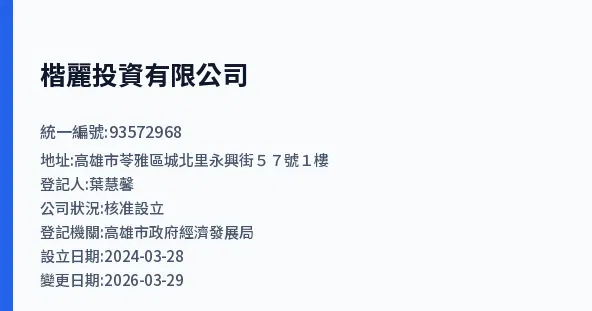 楷麗投資有限公司的照片-統編 93572968(高雄市) 公司登記資料與營業項目詳細圖表