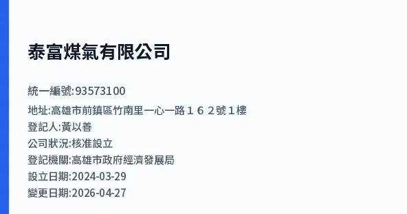 泰富煤氣有限公司的照片-統編 93573100(高雄市) 公司登記資料與營業項目詳細圖表