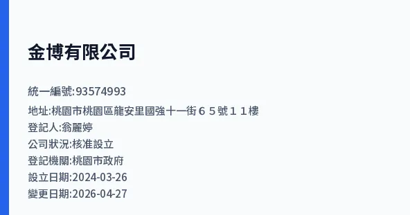 金博有限公司的照片-統編 93574993(桃園市) 公司登記資料與營業項目詳細圖表