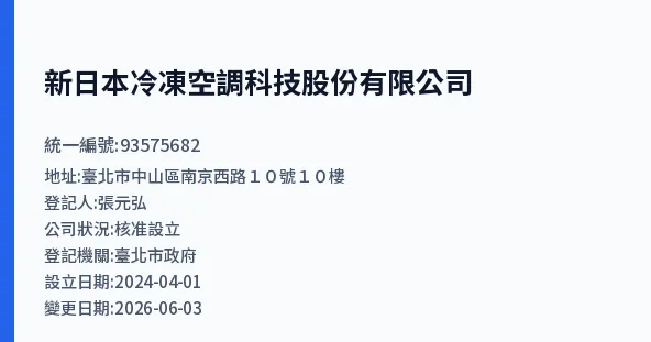 新日本冷凍空調科技股份有限公司的照片-統編 93575682(臺北市) 公司登記資料與營業項目詳細圖表