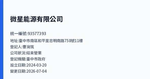 微星能源有限公司的照片-統編 93577393(臺中市) 公司登記資料與營業項目詳細圖表
