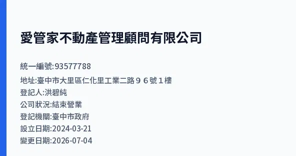 愛管家不動產管理顧問有限公司的照片-統編 93577788(臺中市) 公司登記資料與營業項目詳細圖表