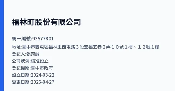 福林町股份有限公司的照片-統編 93577801(臺中市) 公司登記資料與營業項目詳細圖表