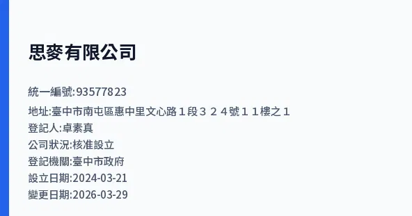 思麥有限公司的照片-統編 93577823(臺中市) 公司登記資料與營業項目詳細圖表
