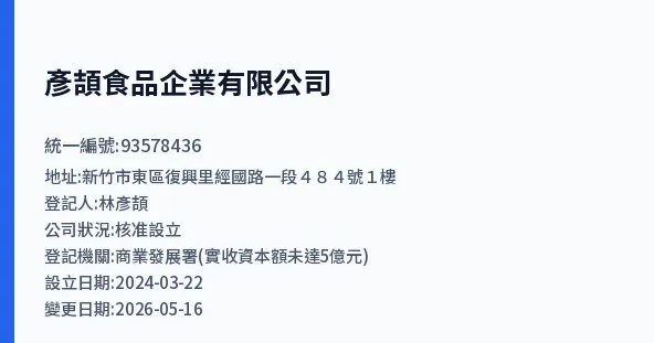 彥頡食品企業有限公司的照片-統編 93578436(新竹市) 公司登記資料與營業項目詳細圖表