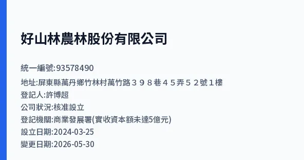好山林農林股份有限公司的照片-統編 93578490(屏東縣) 公司登記資料與營業項目詳細圖表