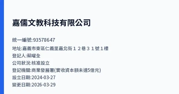 嘉儒文教科技有限公司的照片-統編 93578647(嘉義市) 公司登記資料與營業項目詳細圖表