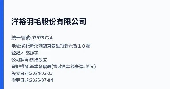洋裕羽毛股份有限公司的照片-統編 93578724(彰化縣) 公司登記資料與營業項目詳細圖表