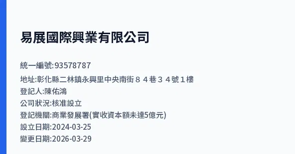 易展國際興業有限公司的照片-統編 93578787(彰化縣) 公司登記資料與營業項目詳細圖表