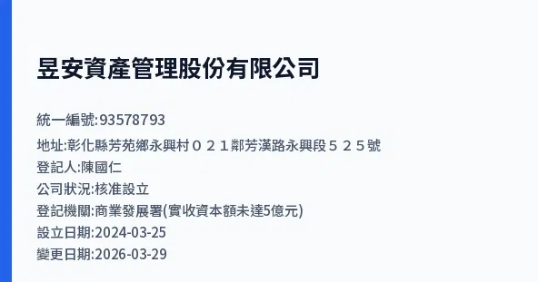 昱安資產管理股份有限公司的照片-統編 93578793(彰化縣) 公司登記資料與營業項目詳細圖表