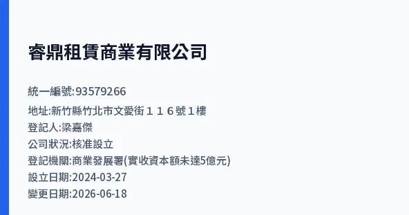 睿鼎租賃商業有限公司的照片-統編 93579266(新竹縣) 公司登記資料與營業項目詳細圖表