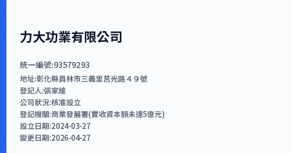力大功業有限公司的照片-統編 93579293(彰化縣) 公司登記資料與營業項目詳細圖表