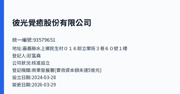 彼光覺癒股份有限公司的照片-統編 93579651(嘉義縣) 公司登記資料與營業項目詳細圖表