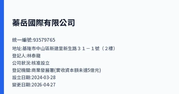 蓁岳國際有限公司的照片-統編 93579765(基隆市) 公司登記資料與營業項目詳細圖表