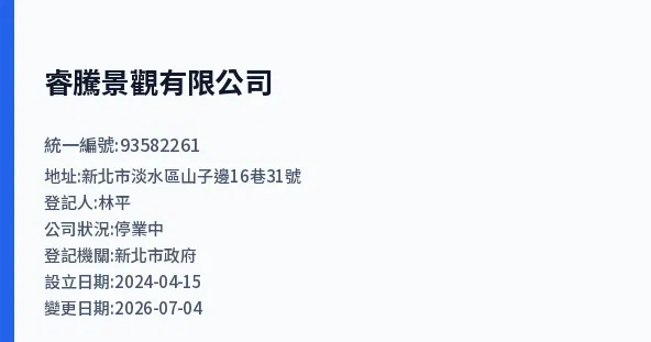 睿騰景觀有限公司的照片-統編 93582261(新北市) 公司登記資料與營業項目詳細圖表