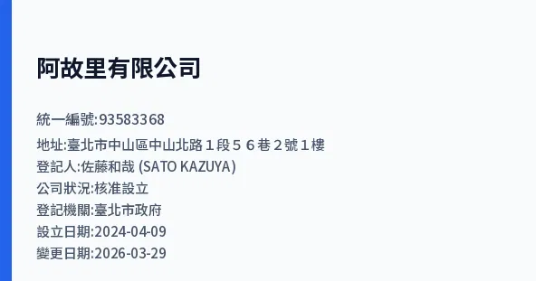 阿故里有限公司的照片-統編 93583368(臺北市) 公司登記資料與營業項目詳細圖表